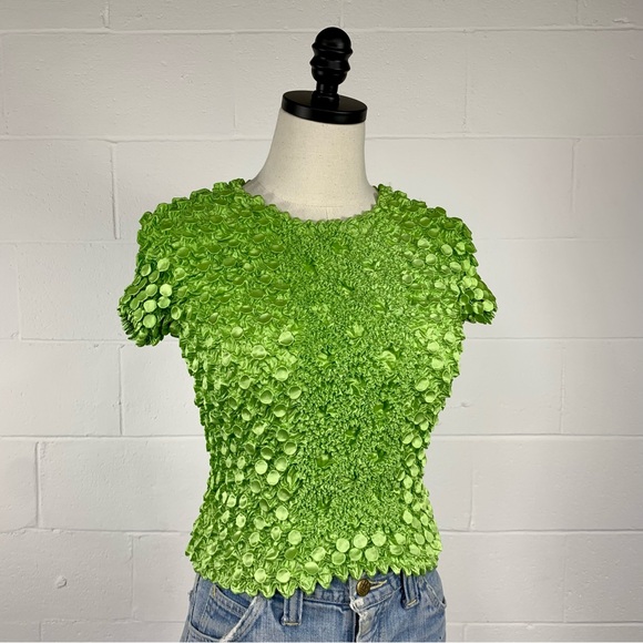 Vintage | Tops | Vintage Y2k Popcorn Crinkle Shirt Green Satin Short ...